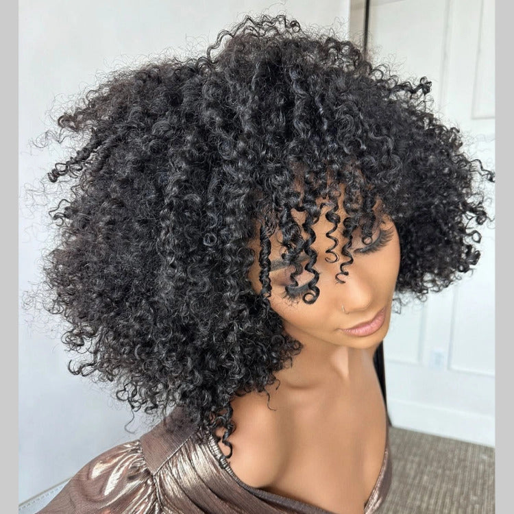 Afro Curly Skin Base Wig Full Mechanism Human Hair Wig With Bangs- Raf