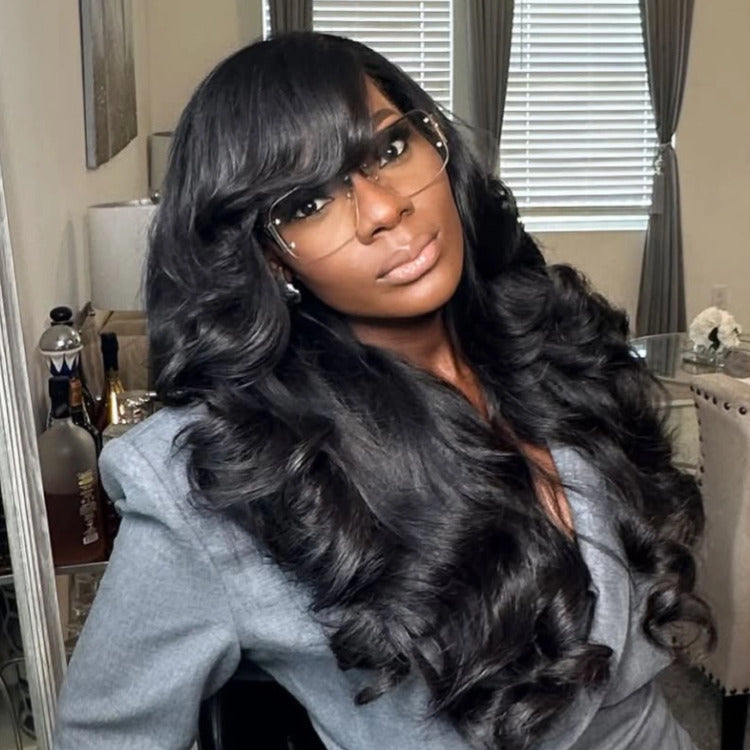 Body Wave Wig Human Hair With Bangs Skin Base Wig Full Mechanism Human